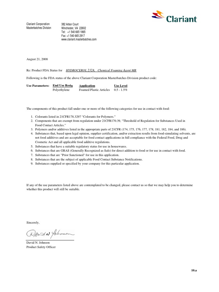HYDROCEROL 232A, Chemical Foaming Agent MB: Use Parameters: End Use ...
