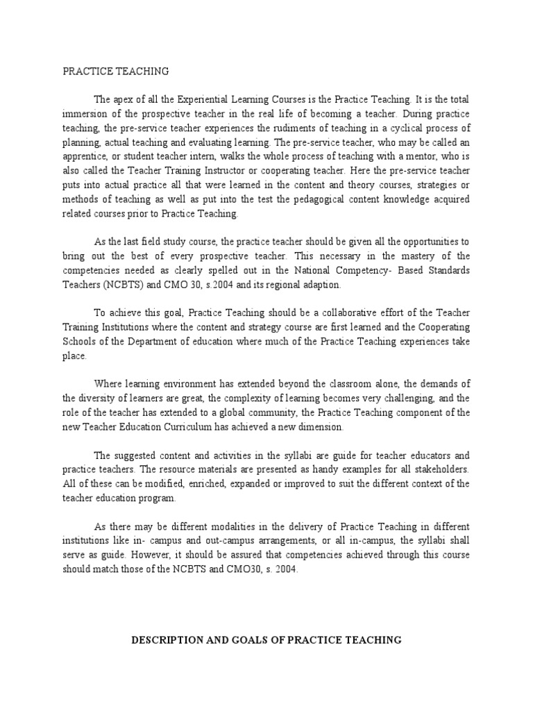 Description and Goals of Practice Teaching | PDF | Teacher Education ...