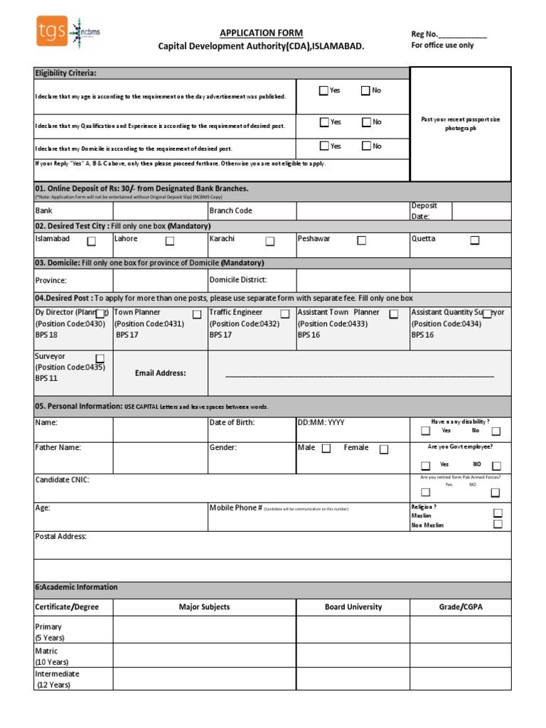 Application Form Capital Development Authority (CDA), ISLAMABAD | PDF ...