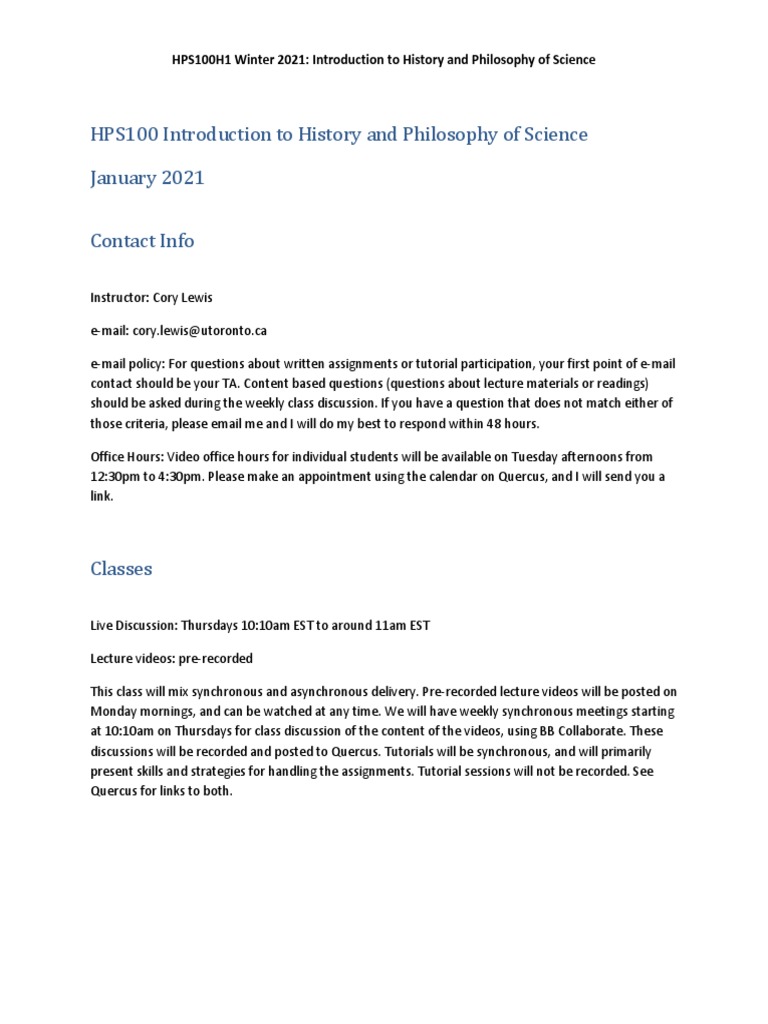 HPS100 Introduction To History and Philosophy of Science January 2021 ...