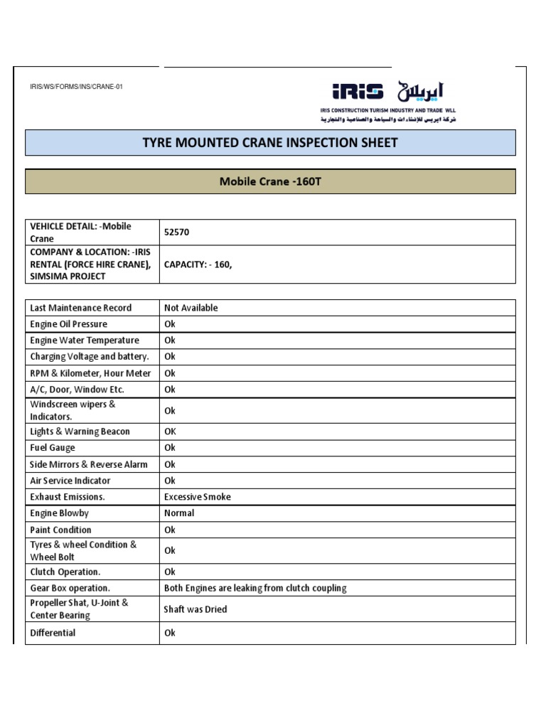 IRIS Rental Inspection | PDF | Crane (Machine) | Transmission (Mechanics)