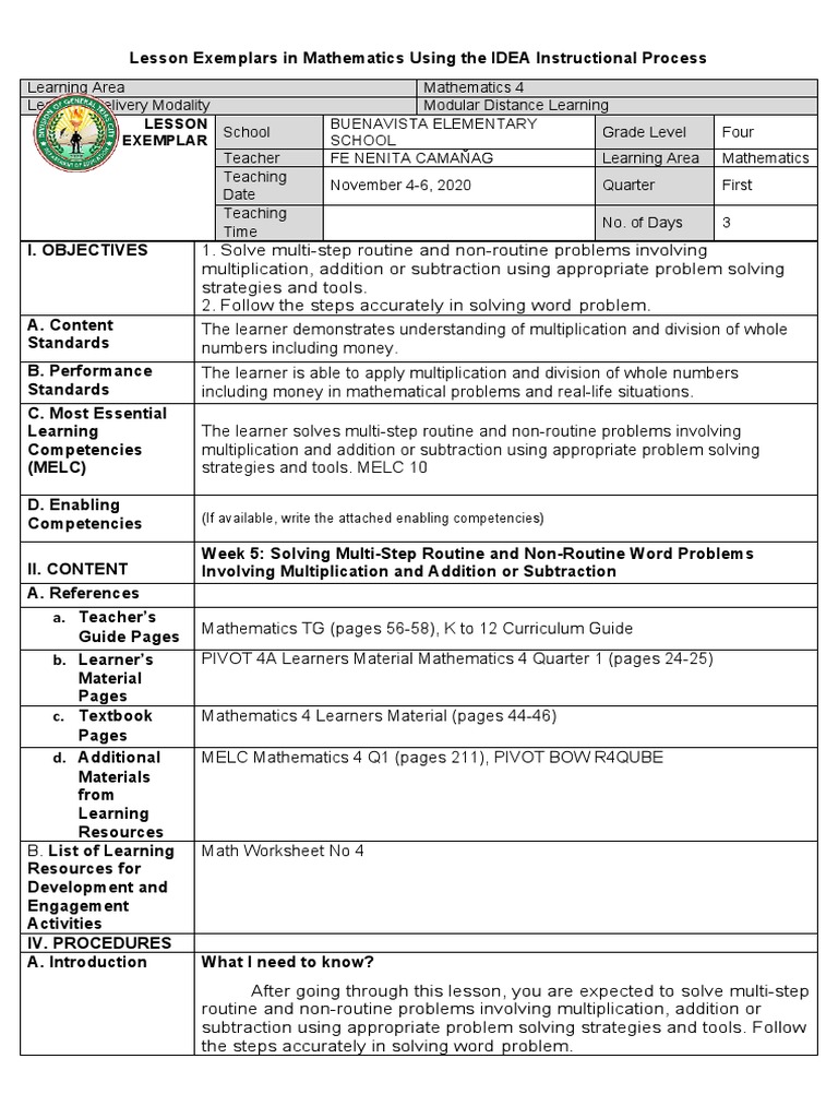 Lesson Exemplar: (If Available, Write The Attached Enabling ...