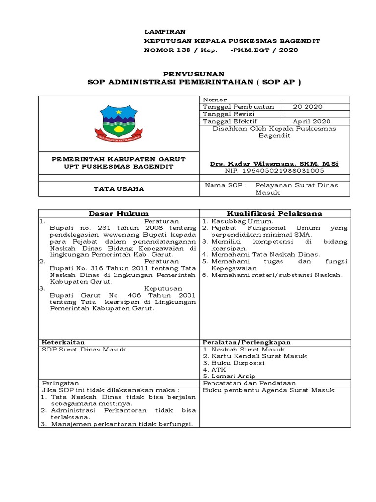 Sop AP Ketatausahaan Puskesmas Bagendit | PDF