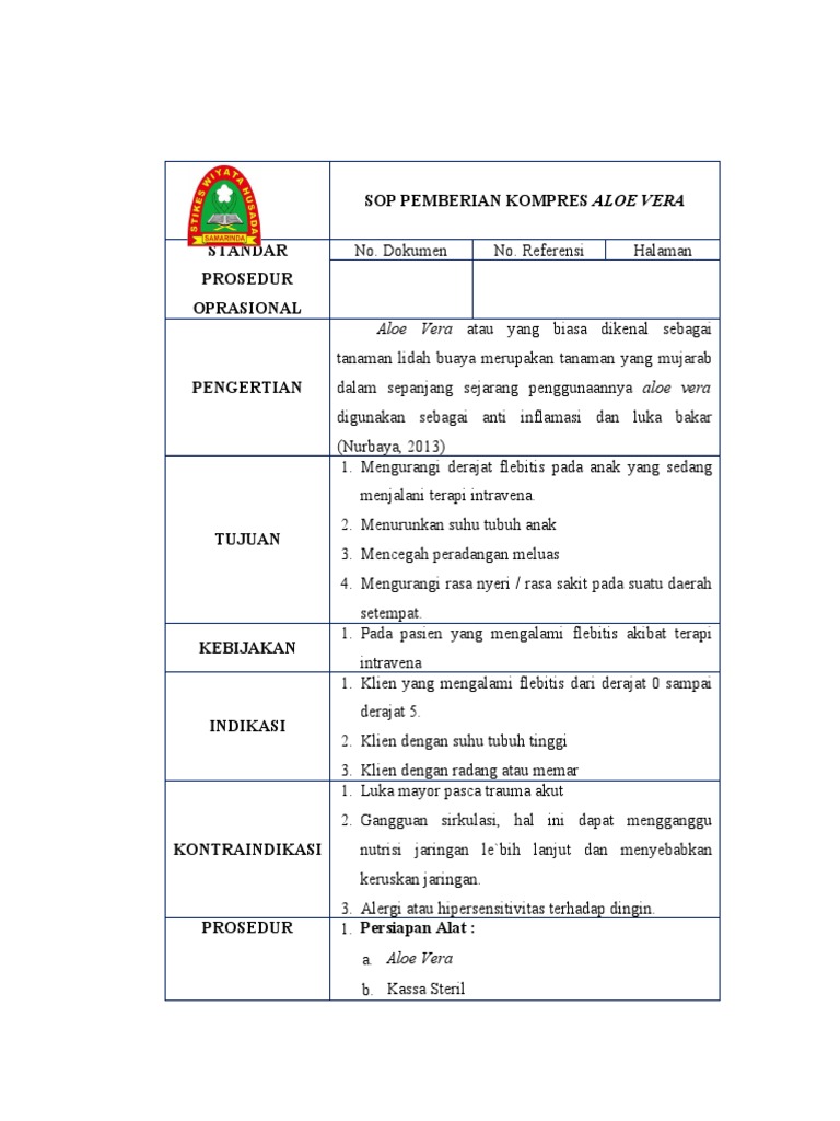 SOP Kompres Aloe Vera untuk Flebitis Anak | PDF | Griya & Taman | Sains & Matematika