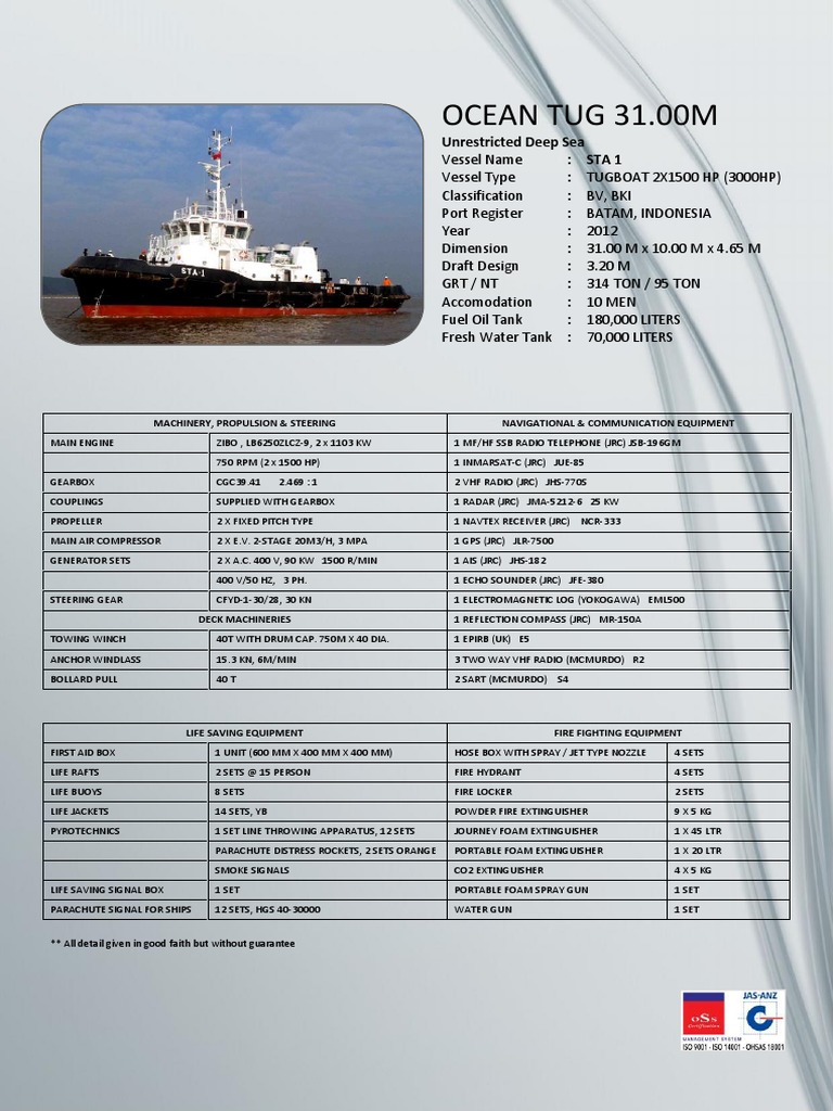 Ship Particular TB STA 1 - 3000 HP | PDF | Tugboat | Watercraft