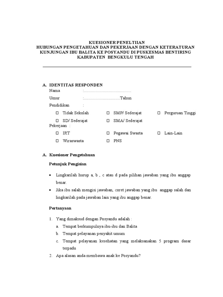 KUESIONER Pengetahuan, Sikap, Kunjungan Ibu Ke Posyandu | PDF