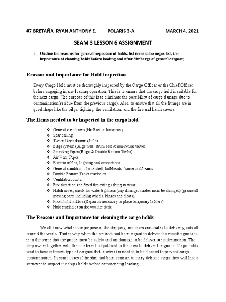 Seam 3 Lesson 6 Assignment: #7 Bretaňa, Ryan Anthony E. Polaris 3-A | PDF | Ships | Cargo