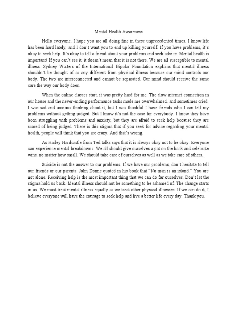 Mental Health Awareness Script Speech | PDF