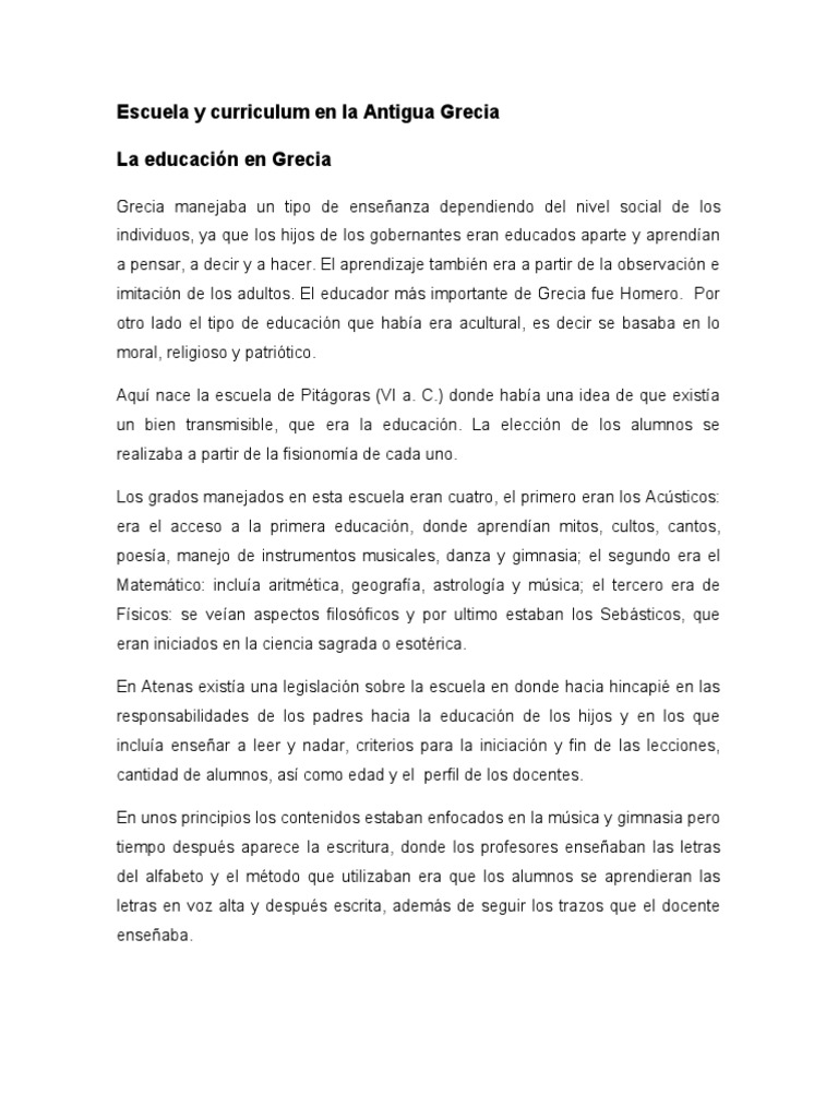 Ensayo Escuela y Curriculum en La Antigua Grecia | PDF | Antigua Grecia | Sacerdote