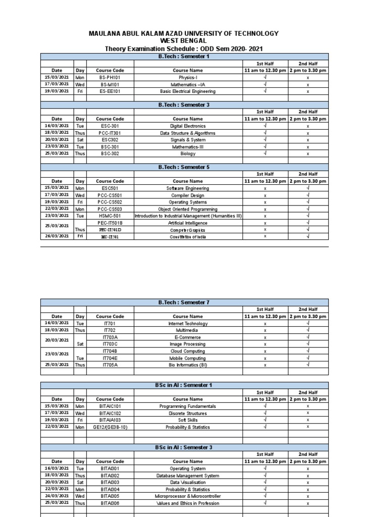 MAKAUT 2020-2021 ODD Sem Theory Exam Schedule - All B.Tech BSC BCA and ...