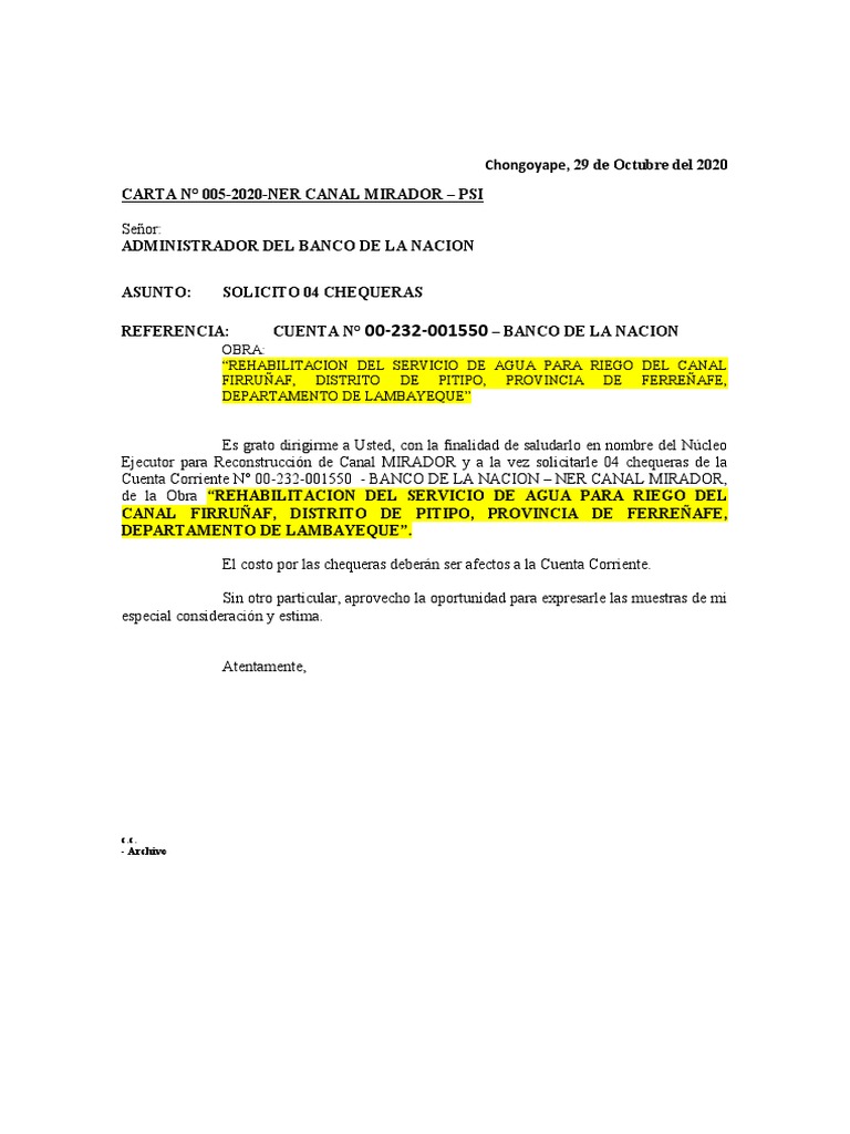Carta 05-2020-Solicitud Chequeras-Banco Nacion | PDF