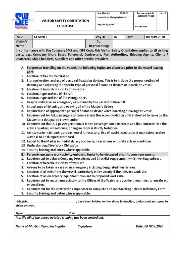 10) Visitor Safety Orientation Checklist | PDF | Shipping | Transport