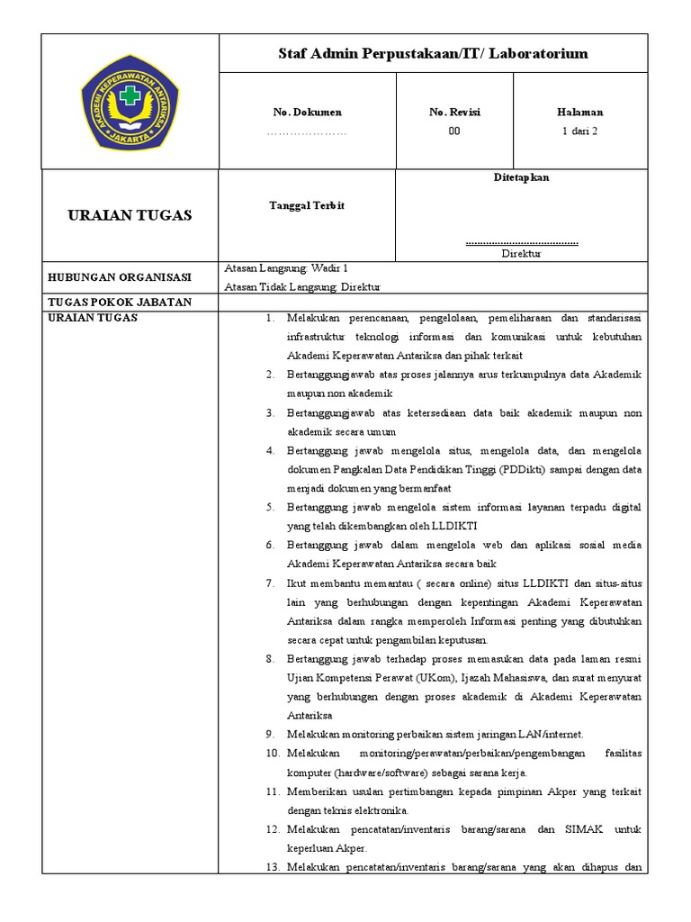 Uraian Tugas Staf Admin Perpustakaan, IT & Laboran | PDF