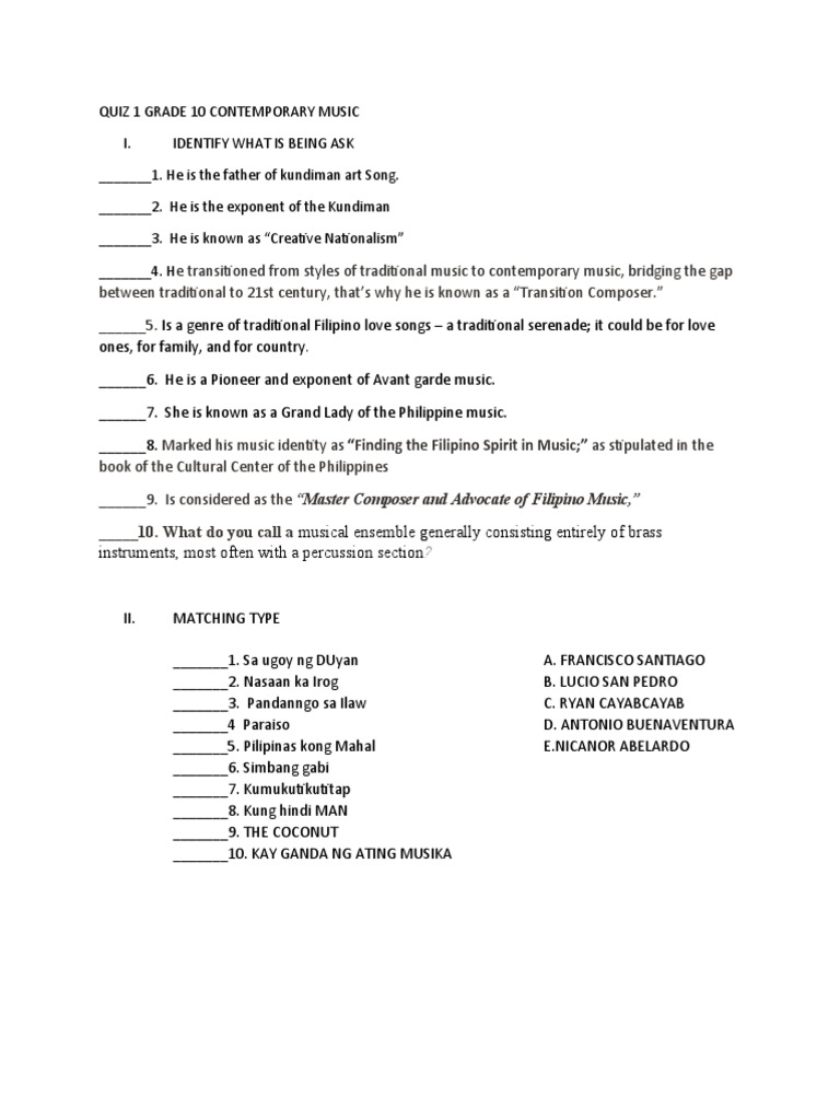 Quiz 1 Grade 10 Contemporary Music | PDF