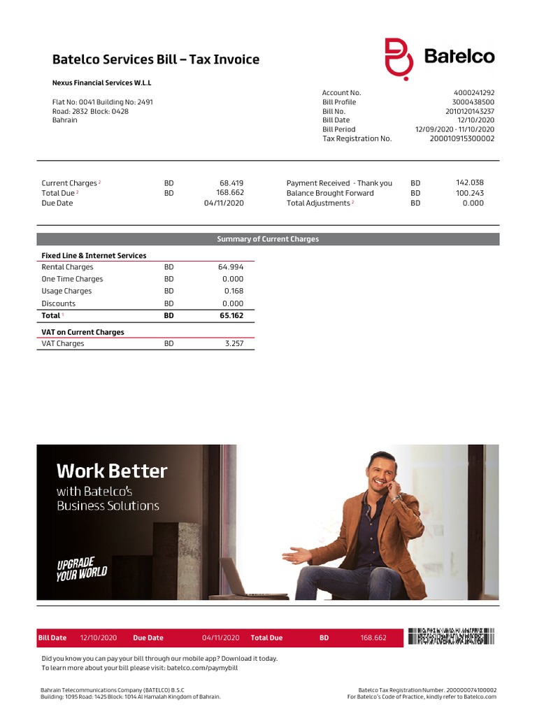 Batelco Services Bill - Tax Invoice | PDF | Payments | Cheque