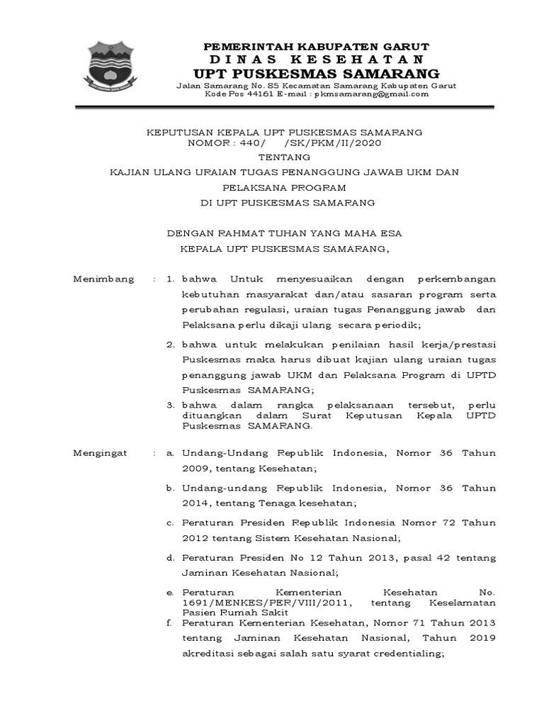 5.3.3.1 Kriteria SK Kajian Ulang Uraian Tugas Penanggung Jawab Ukm Dan Pelaksana Program | PDF