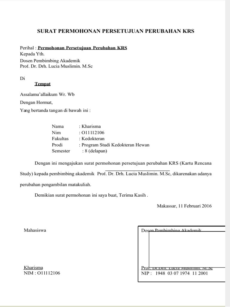 Contoh Surat Permohonan Persetujuan Perubahan Krs | PDF