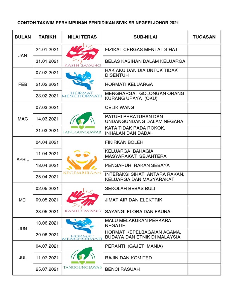 Contoh Takwim Perhimpunan Pendidikan Sivik SR Negeri Johor 2021 | PDF