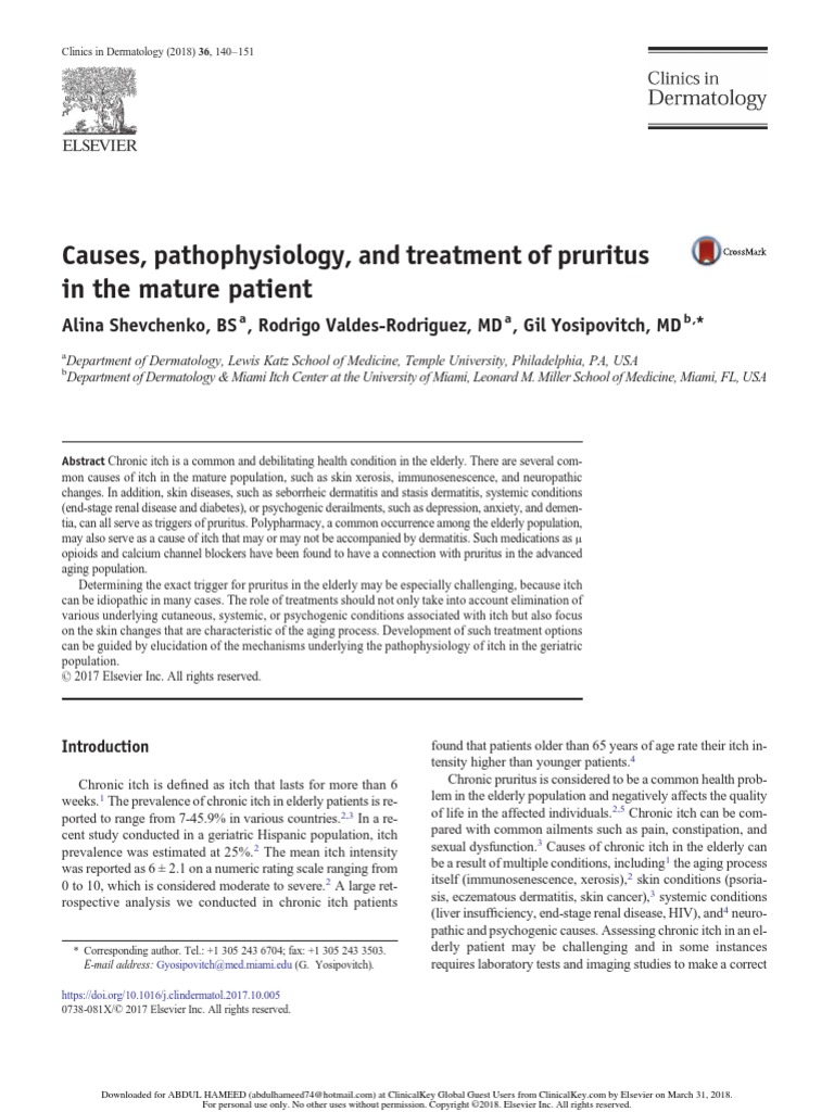 Causes, Pathophysiology, & Teatment of Pruritus | PDF | Dermatitis | Psoriasis