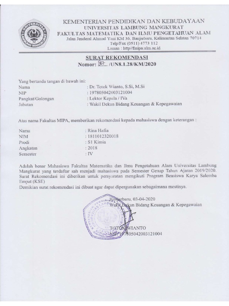 Surat Rekomendasi Beasiswa | PDF