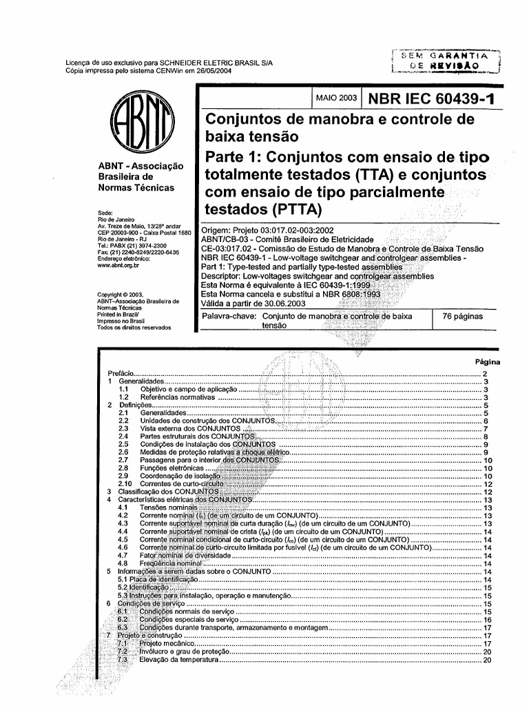 Abnt NBR Iec 60439-1 Conjuntos de Manobra e Controle de Baixa Tensão | PDF