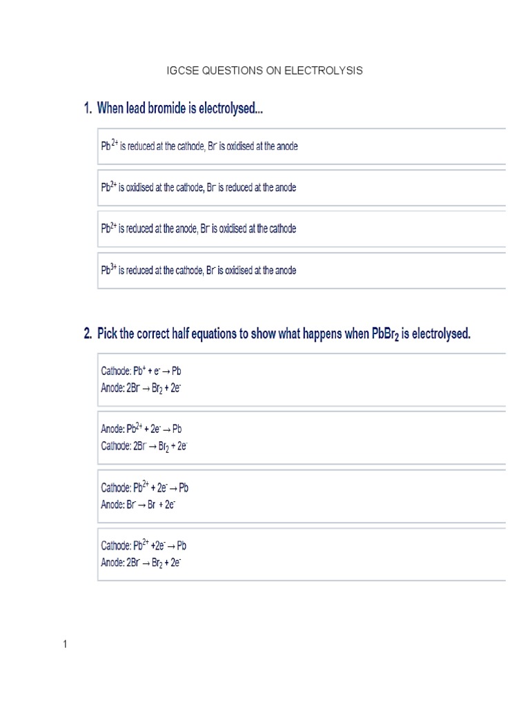 Igcse Questions On Electrolysis | PDF