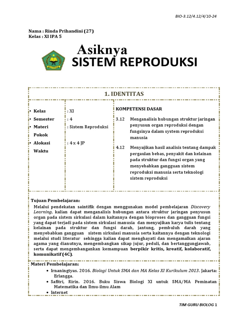 UKBM-BIO Sistem Reproduksi Rinda Prihandini | PDF