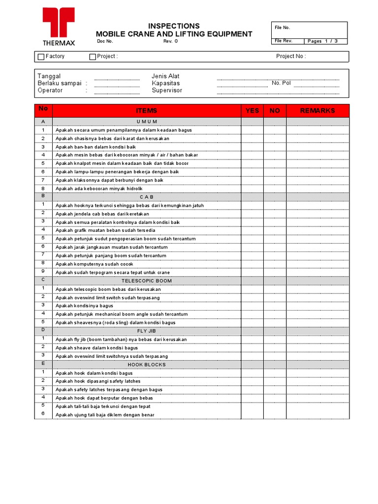 Inspeksi Mobile Crane & Lifting Equipment PT TII | PDF