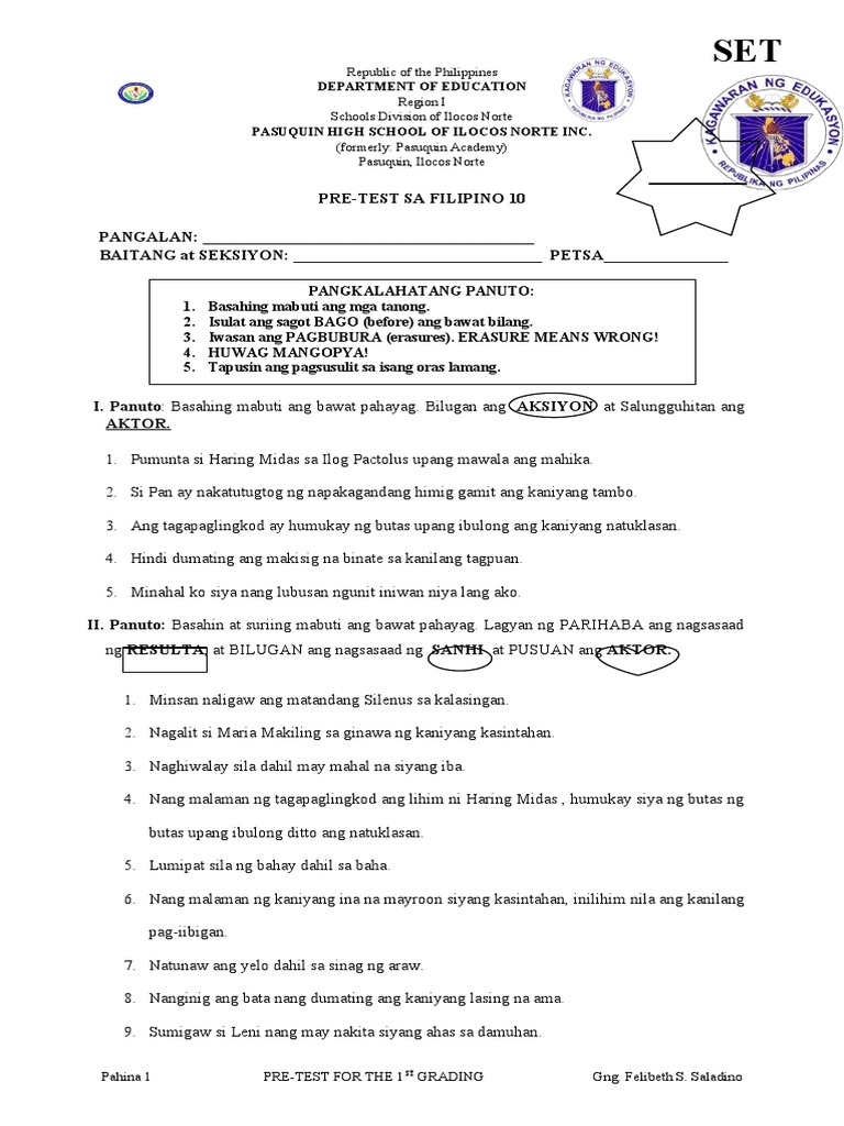 Pre-Test Grade 10 Set A | PDF