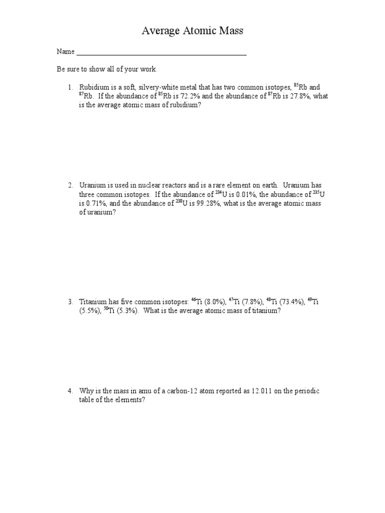 Avg Atomic Mass Practice Ws | PDF