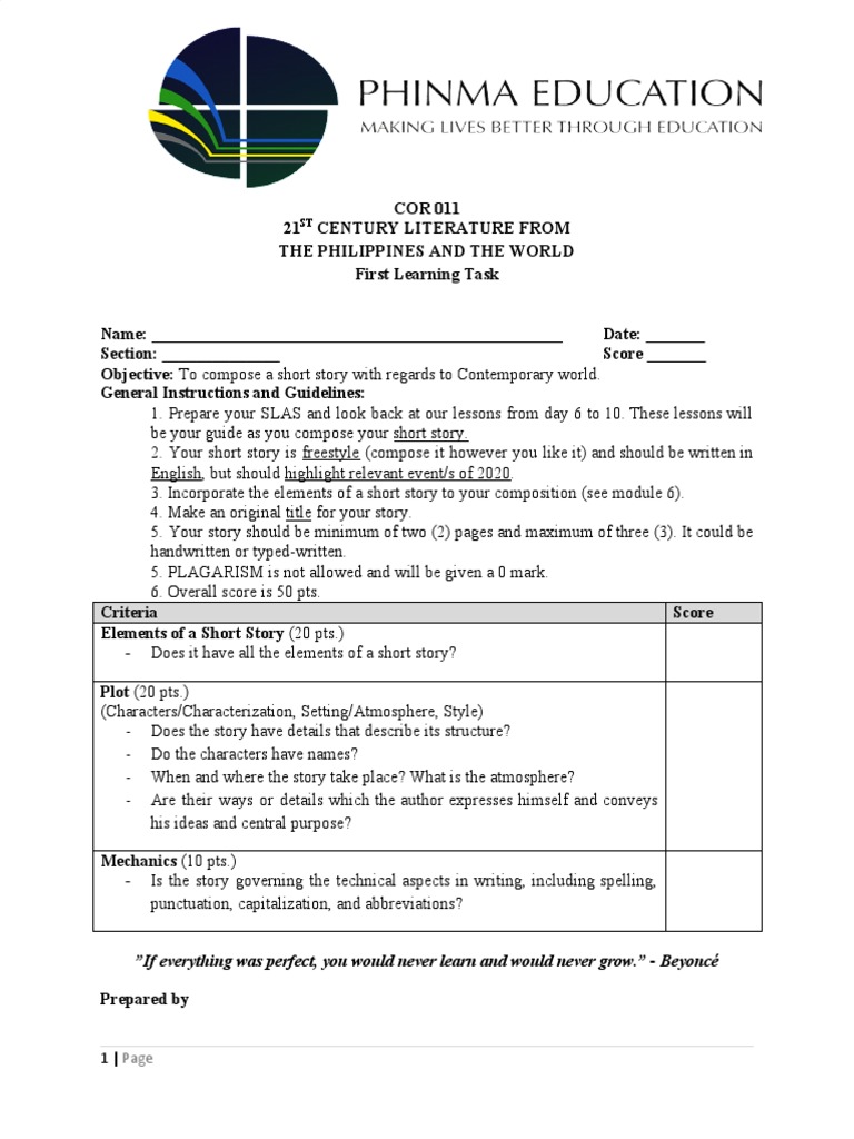 Student Short Story Assignment | PDF
