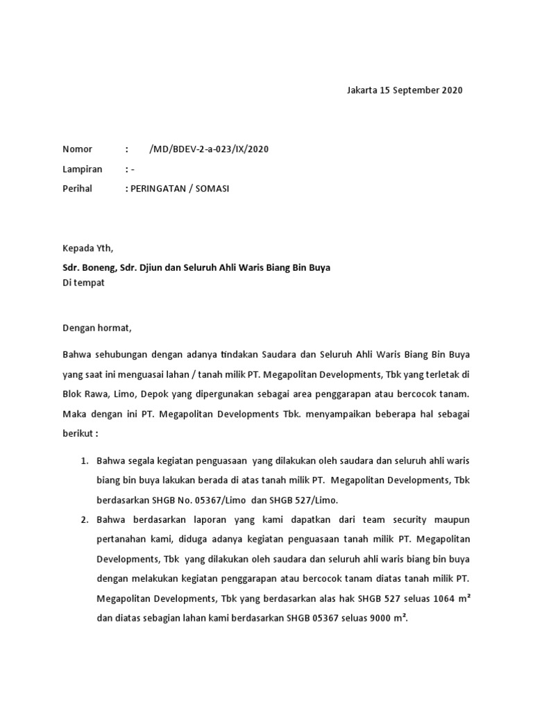 Draft Somasi Ahli Waris Biang Bin Buya Ke 1 FIX | PDF