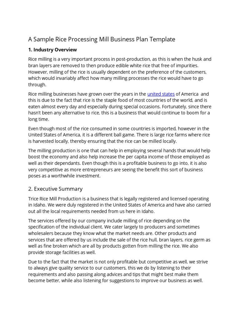 A Sample Rice Processing Mill Business Plan Template | PDF | Point Of ...