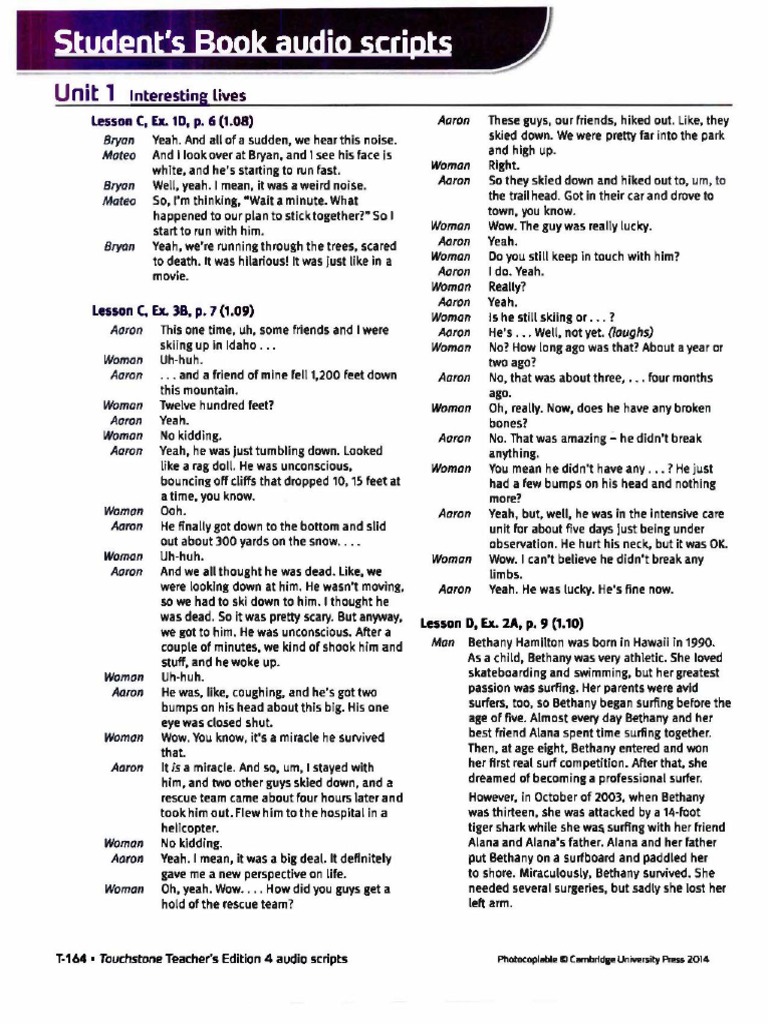 Touchstone 4 (2nd) - Audio Scripts Answer Key | PDF