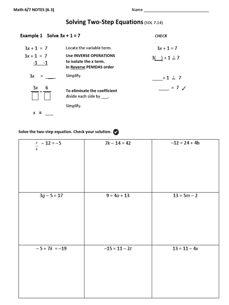 Solving Two-Step Equations Notes | PDF