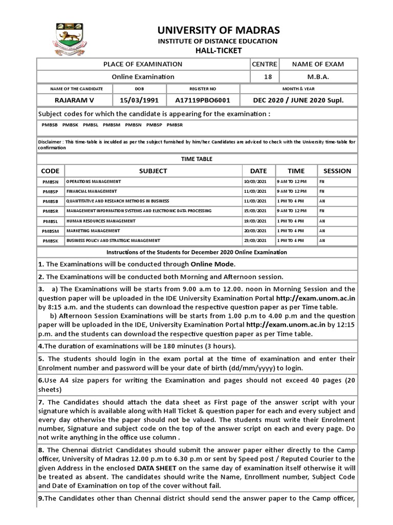 University of Madras: Hall-Ticket | PDF | Business