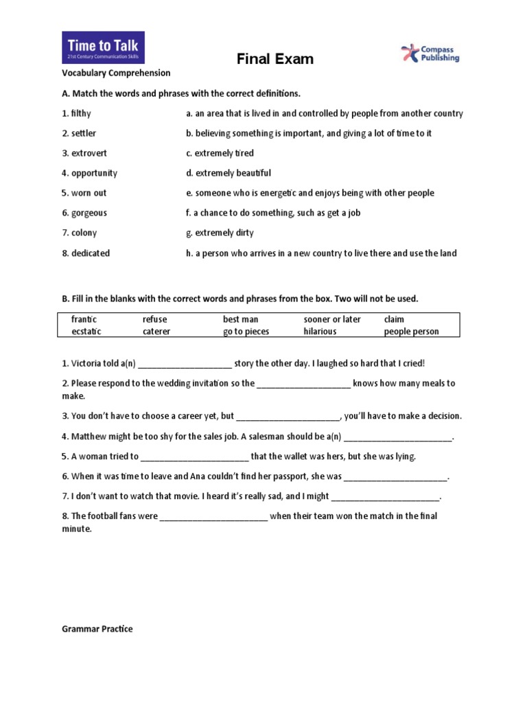 Final Exam: Vocabulary Comprehension A. Match The Words and Phrases ...