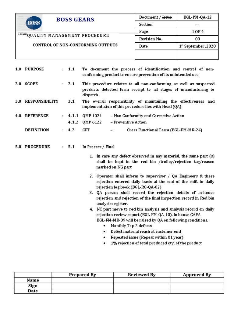 Bgl-Pm-Qa-12 Control of Non Conforming Outputs | PDF | Business Process ...