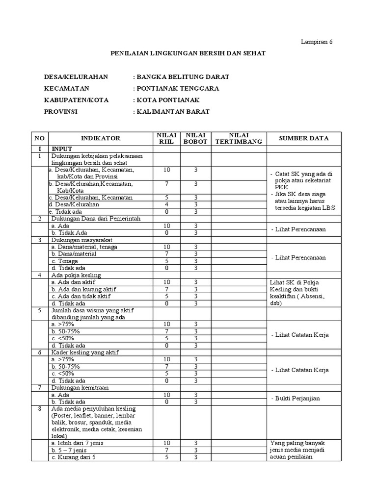 Format Penilaian Lingkungan Bersih Dan Sehat | PDF