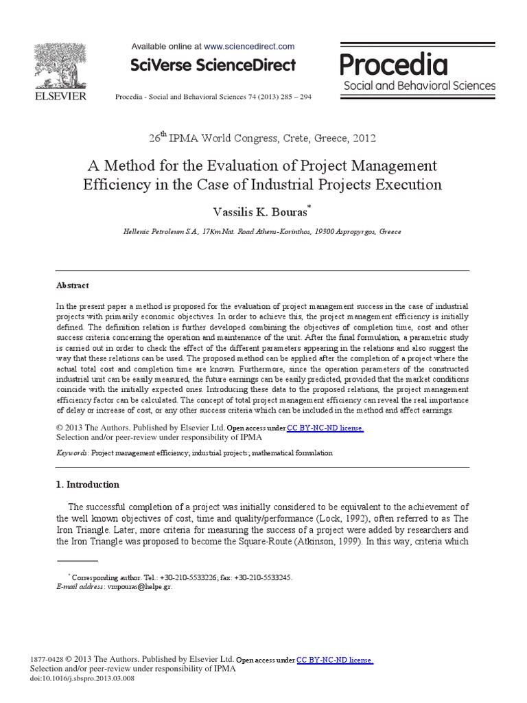A Method For The Evaluation of Project Management Efficiency in The ...