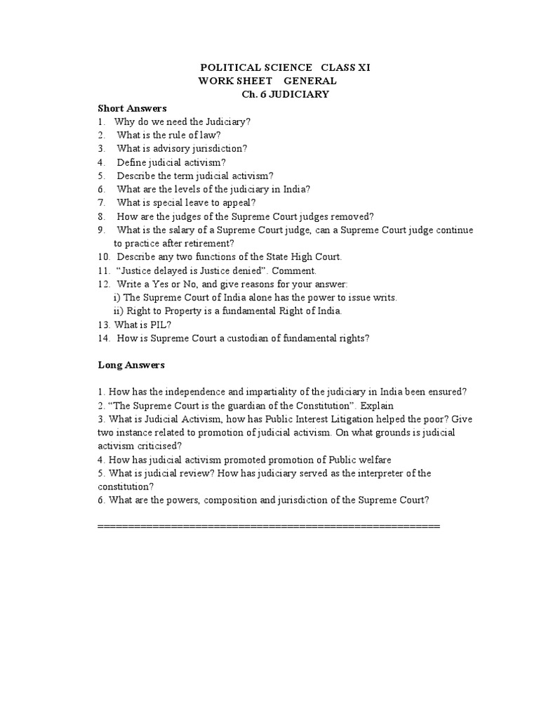 Class XI, General Worksheet Ch. 6 Judiciary | PDF