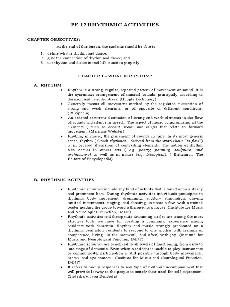 Pe 12 Rhythmic Activities: Chapter Objectives | PDF | Rhythm | Dances