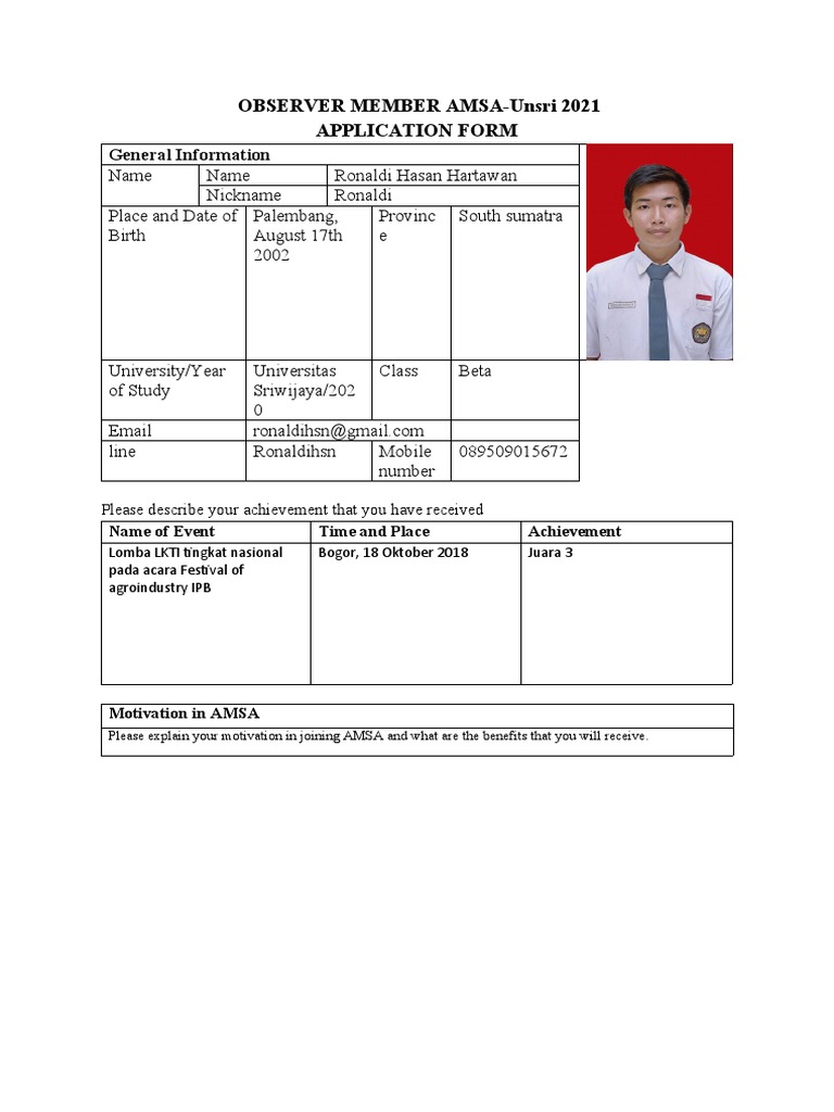 Application Form Calon Observer Member AMSA-Unsri 2021 | PDF | Karier ...