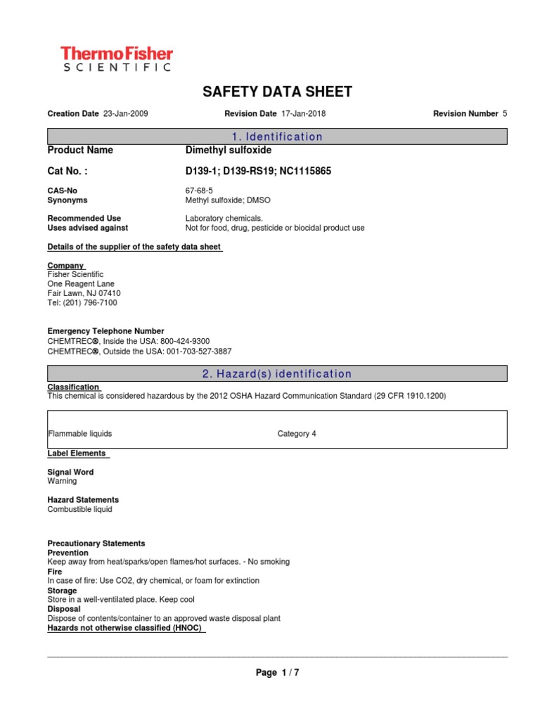 Dimethyl Sulfoxide Msds | PDF | Personal Protective Equipment ...