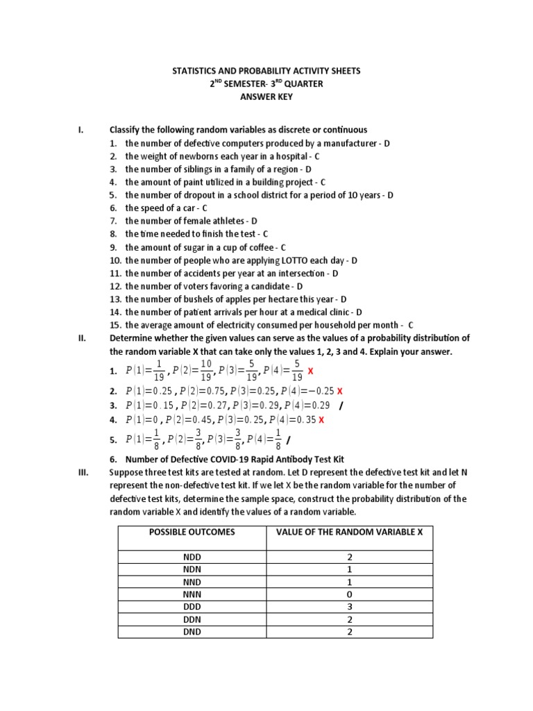 Statistics and Probability Activity Sheet Answer Key | PDF | Random Variable | Probability ...
