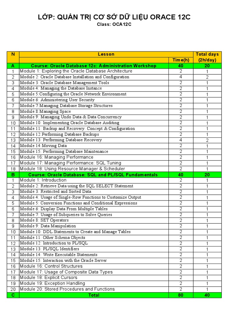 Nội Dung Khóa Học Oracle 12c Oca And Plsql Pdf Plsql Subroutine