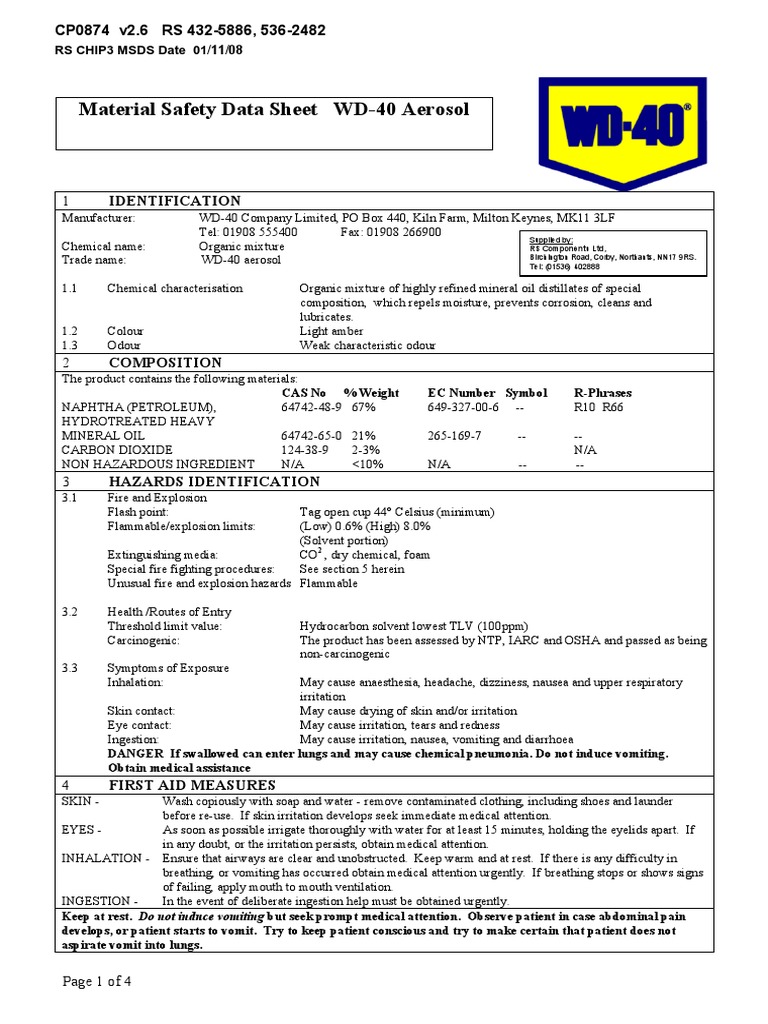 MSDS WD 40 | Download Free PDF | First Aid | Waste Management