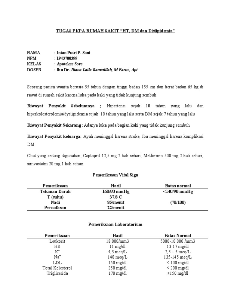 TUGAS PKPA RS STUDI KASUS HT, DM, Dislipidemia | PDF