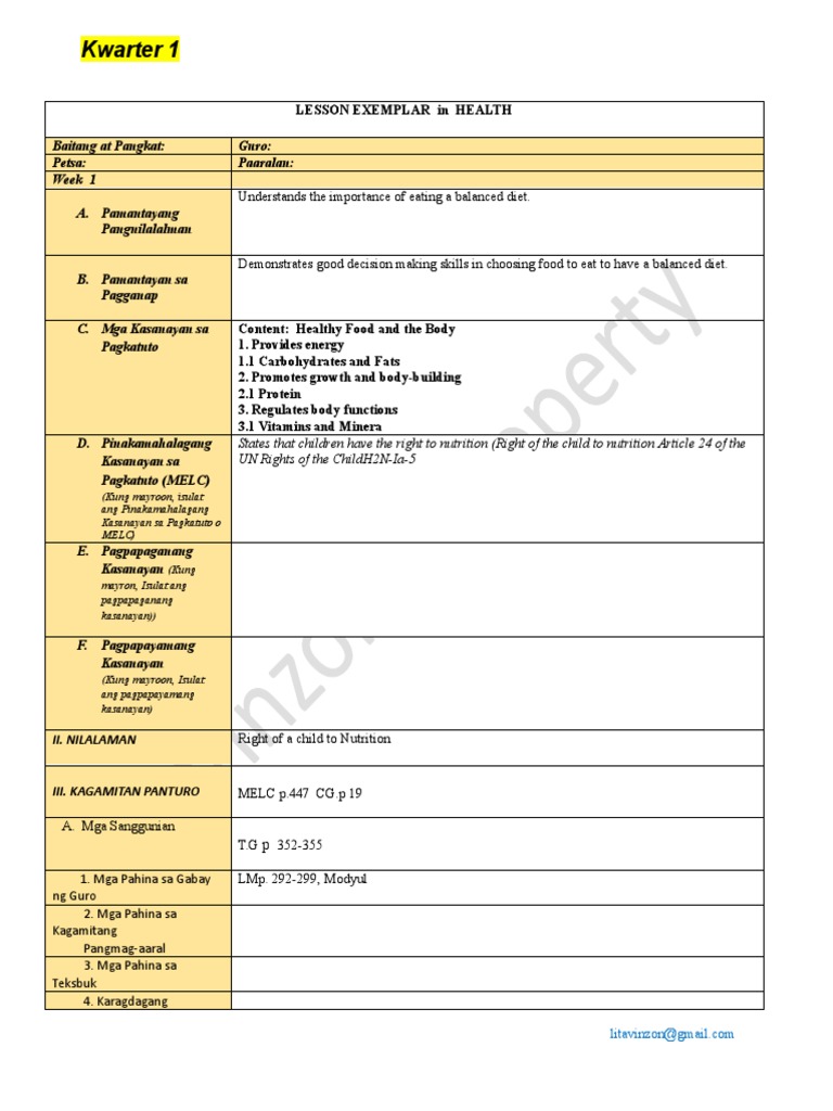 Lesson Exemplar in Health WK 1 | PDF