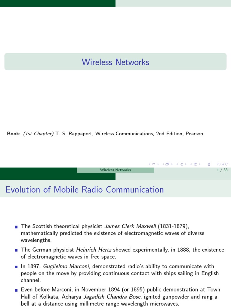 Wireless Networks: Book: (1st Chapter) T. S. Rappaport, Wireless Communications, 2nd Edition ...